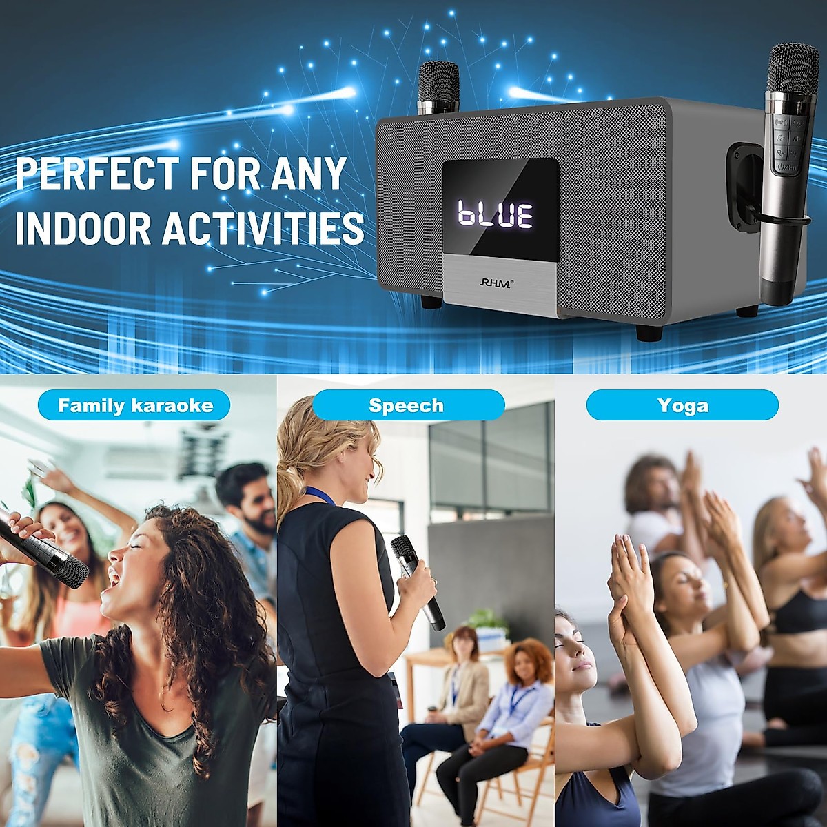 RHM K222 Karaoke Machine, with 2 Wireless Microphones & 5 Music Modes, Support Optical/Bluetooth/AUX/USB/PC, Wooden Bluetooth Speaker for TV/Home/Meeting/Karaoke/Party, Great for Music Lovers