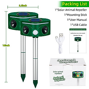 2 Pack Ultrasonic Cat Repellent Outdoor, Waterproof Solar Animal Deterrent with Motion Sensor for Deer Squirrel Cat Dog Skunk Rabbit Raccoon, Deer Repellent Devices