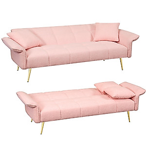 OUYESSIR Teddy Futon Sofa Bed with 2 Pillows, Small Couch, Convertible Futon Sleeper Sofa with Folding Armrests, 70" Modern Loveseat Couch for Bedroom, Living Room (Pink)