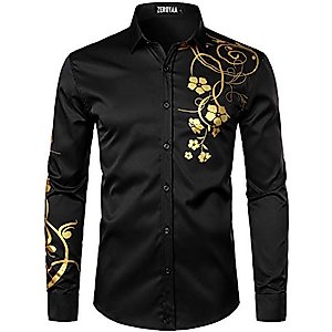 ZEROYAA Men's Hipster Shiny Design Slim Fit Long Sleeve Button Up Party Dress Shirts ZZCL62 Black Medium