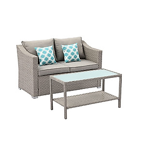 COSIEST 2-Piece Patio Furniture Set, All-Weather Outdoor Wicker Loveseat Conversation Set w Warm Gray Cushions, Glass Coffee Table, 2 Teal Pattern Pillows for Deck, Backyard, Pool