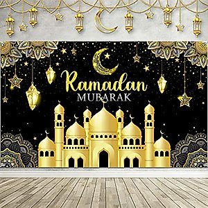 Ramadan Mubarak Decorations Backdrop Banner Muslim Ramadan Kareem Background Eid Mubarak Sign Photo Booth Backdrop Background for Home Muslim Ramadan Eid Al Fitr Party Supplies (Black)