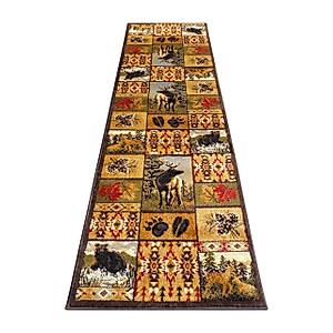 Area Rug Runner Wildlife Bear and Elk Scene (2 Feet 2 Inch X 7 Feet 2 Inch)