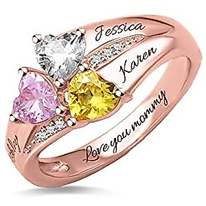 Mothers Ring Sterling Silver with 3 Birthstones & Names Personalized Women Band Custom Three Heart Shaped Stones Children Names White Gold Plated Gift for Mothers Day from Son Daughter