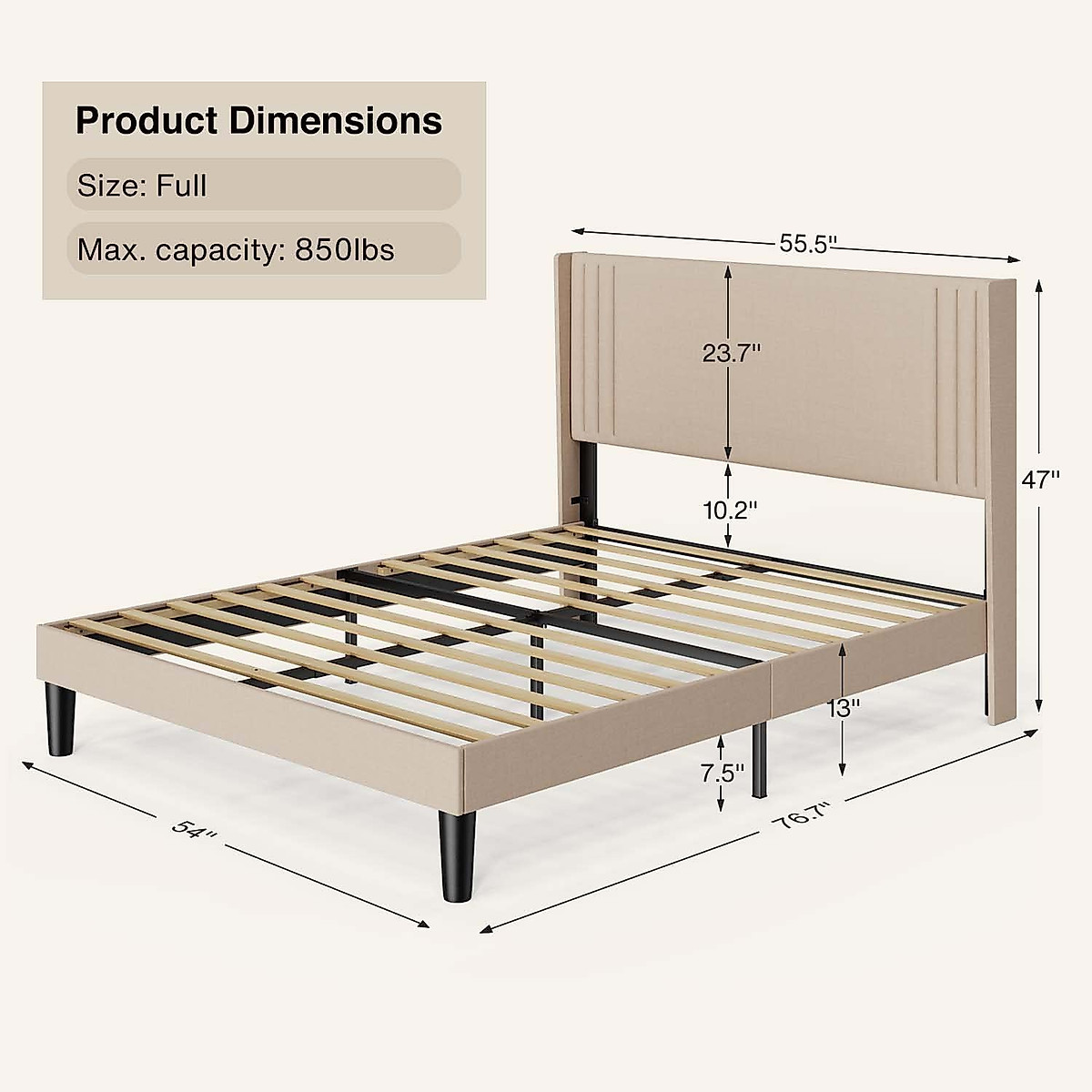 Gizoon Full Bed Frame with Wingback Headboard, Upholstered Platform Bed with Modern Geometric Headboard, Wooden Slats, Noise-Free, No Box Spring Needed