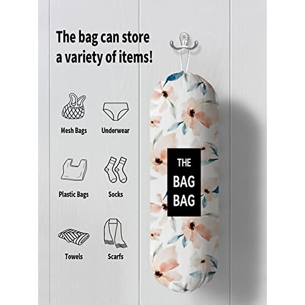 XIKAINUO Retro Flower Kitchen Grocery Storage Bag Holder, Washable Canvas Grocery Shopping Bags, Carrier Plastic Trash Bag Dispenser for Home Kitchen Bathroom Farmhouse Decor Gift