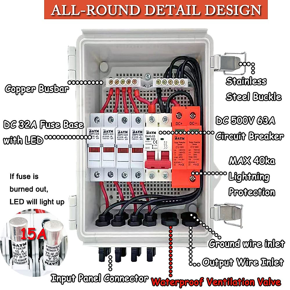 BAYM IP65 4 in 1 Out 15A 4 String Solar PV Array Plastic DC Combiner Box,4Pair Solar Connectors, Lightning Surge Protection, 63A 6ka MCB Lock Indicator,Waterproof Ventilation Valve