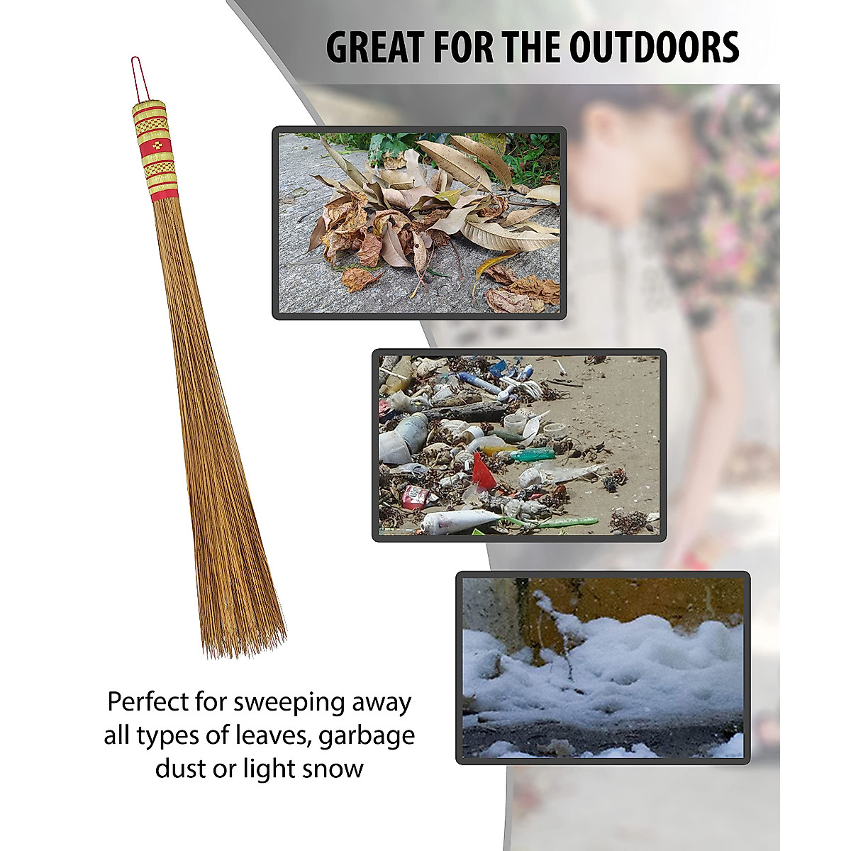 1 Piece of 32 inch Multi-Surface Sturdy Outdoor Authentic Coconut Leaf Broom Asian Heavy Duty Broom Thai Natural Coconut Leaf Broom (Country Rustic)