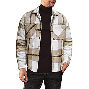 JMIERR Plaid Shacket Men Casual Button Down Shirts Long Sleeve Lightweight Classic Jackets Tops with Pockets,US 43(L),Brown