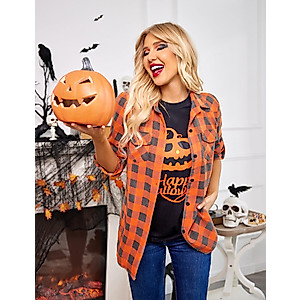 Zeagoo Womens Tartan Plaid Flannel Shirts, Roll up Sleeve Casual Boyfriend Button Down Gingham Checkered Shirt, Orange, X-Large