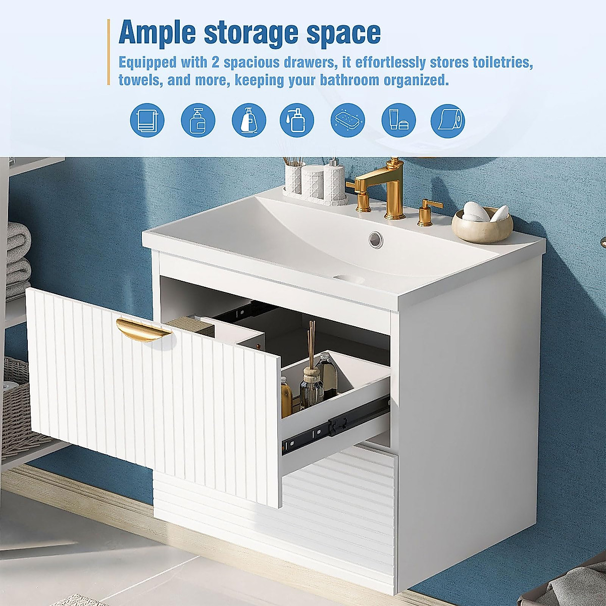 Appot WF311074AAK Modern 24-Inch Wall-Mounted Bathroom 2 Drawers, Bath Room Vanities with Ceramic Basin Sink (Faucet Not Included), White