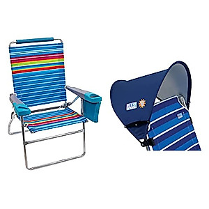Rio Gear Beach 17" Extended Height 4-Position Folding Beach Chair -Polyester, Graphic Traffic Blue/White/Multi Stripe & Rio Beach MyCanopy Personal Chair Sun Shade, Navy