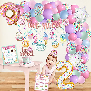 NALONER Two Sweet Birthday Party Decorations, Donut Decoration, Baby Second 2nd Decorations for Girl, Banner & Cake Topper, Balloons Garland