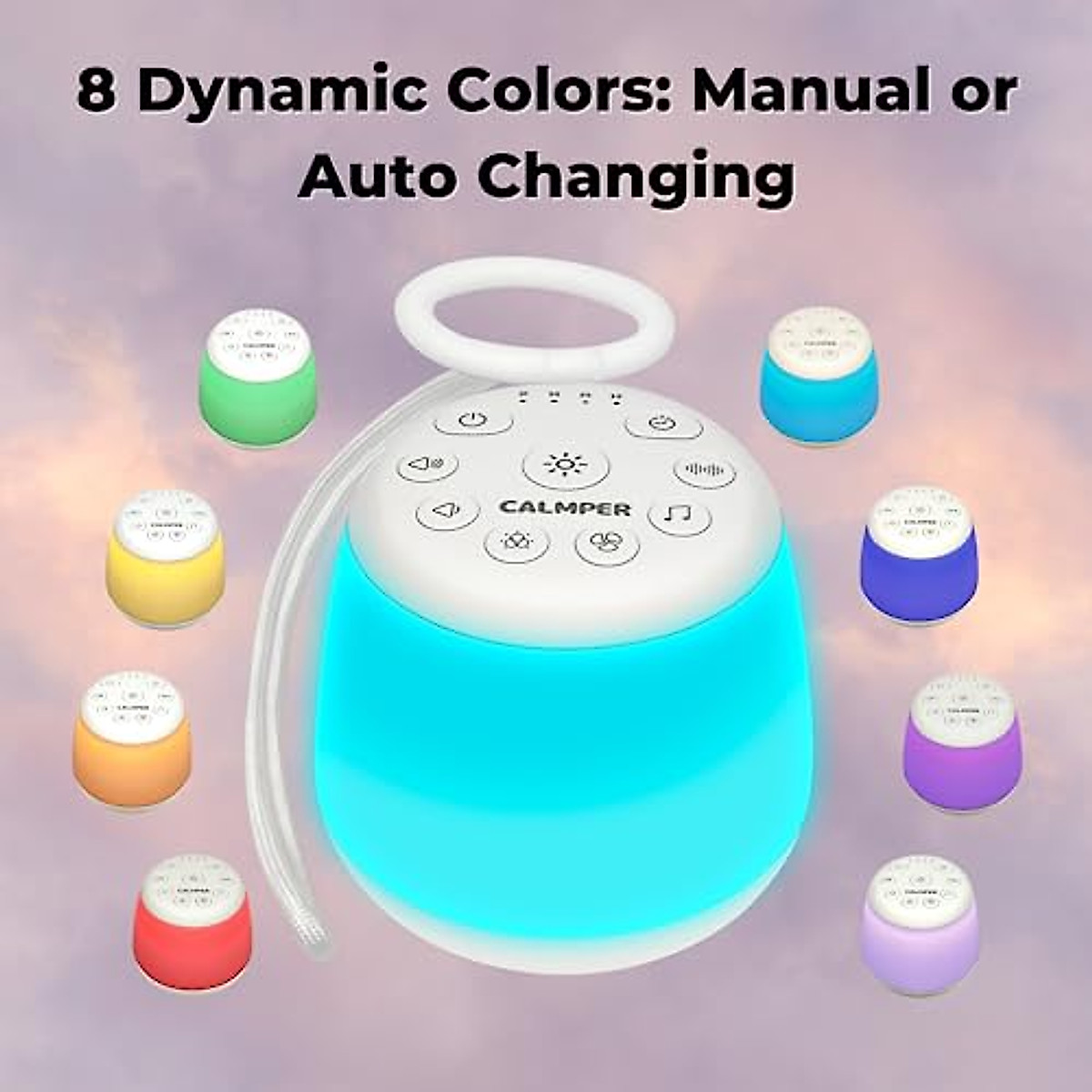 CALMPER Portable Sound Machine with Light and Timer - 21 Sounds, 8 Colors Dimmable Light, Long Lasting Battery - Adult & Baby White Noise Machine for Sleeping 2 Year Warranty