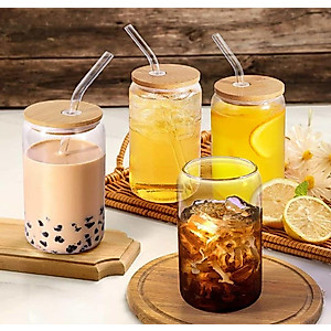 Glass Cups with Bamboo Lids and Straws - Drinking Glasses with Glass Straw, Glass Tumbler with Straw and Lid, Glass Coffee Mugs with Lids, Cute Glass Cups with Lids and Straws, Glass Coffee Cup (4)