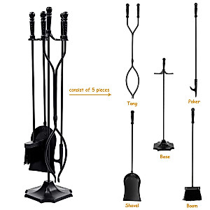 Tangkula 32 inch Fireplace Set 5 Piece Rustic Heavy Duty Compact Wrought Iron Fire Place Tool Set with Pedestal Place, Hearth Tool
