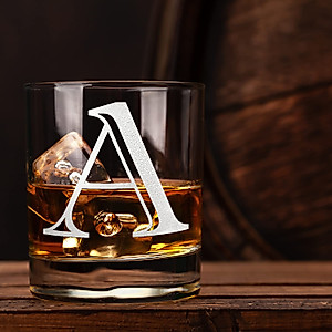 Monogram Initial Letter A Etched Whiskey Glass 10.25 oz Rocks Cocktail Glass Etched Personalized Gifts for Men and Women