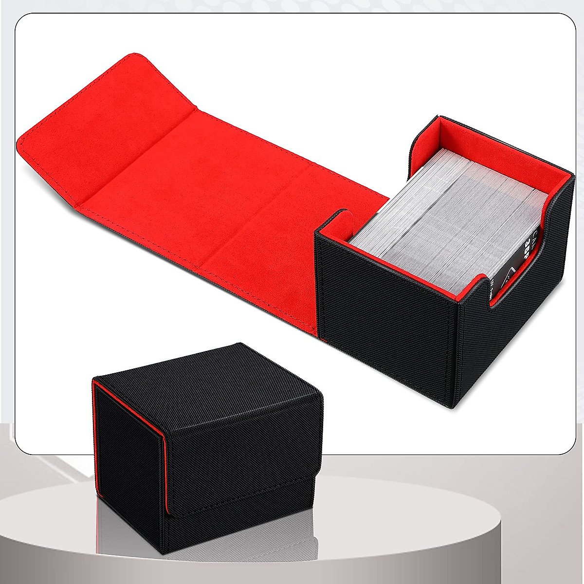 Weewooday 2 Boxes Leather Deck Card Boxes Large Size Fit 100 Plus Sleeved Cards Deck Game Box for Collectible Cards Deck Playing Card Box Compatible with MTG TCG (Black Red, Red, Horizontal)