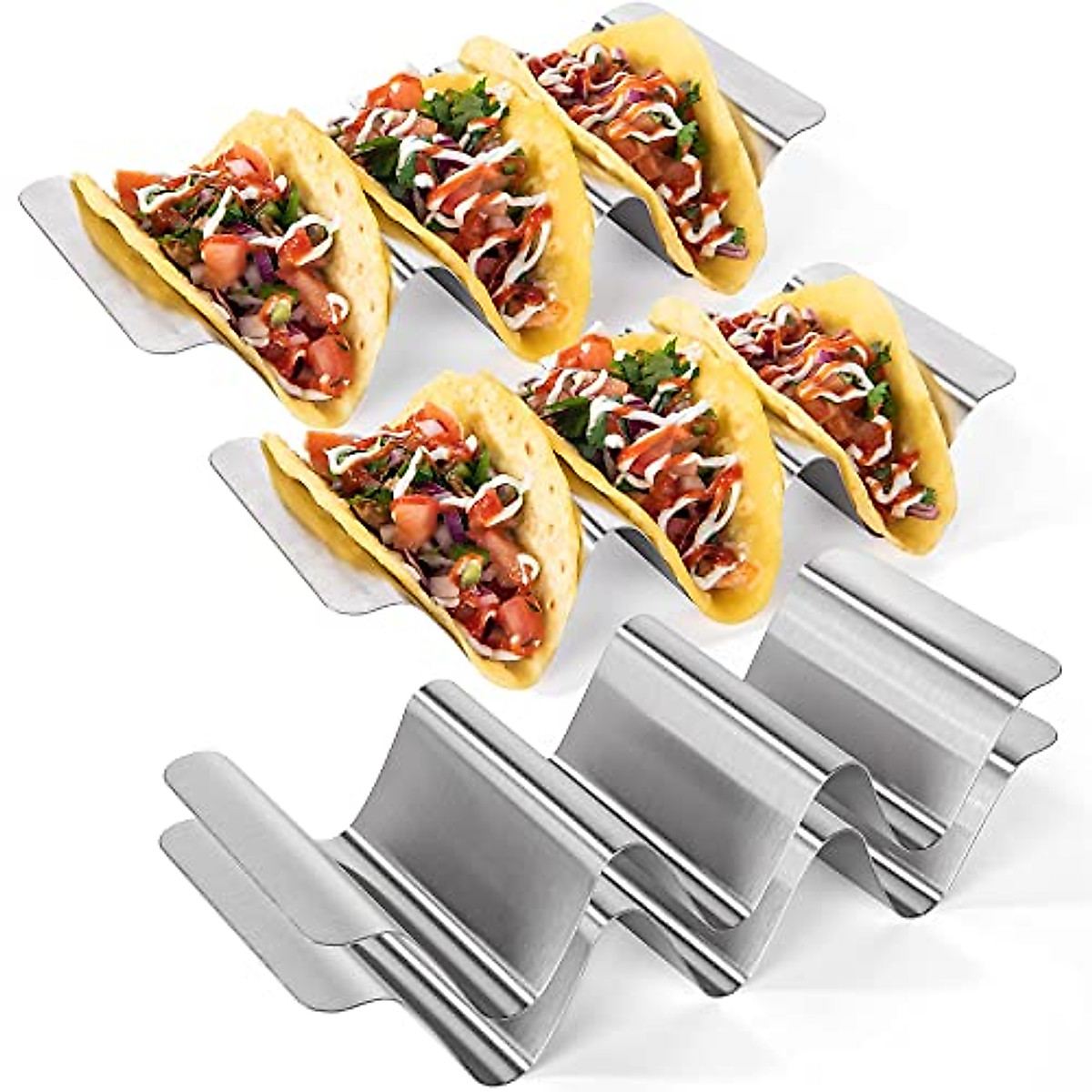 18/8 Stainless Steel Taco Holders: U-Taste Soft Hard Taco Shell Rack Oven Safe Metal Corn Tortilla Serving Tray Plates Stand Set with Handle and Rounded Curves (Set of 4)