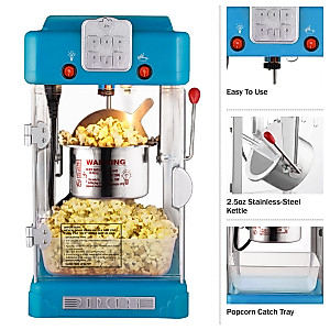 Pop Pup Popcorn Machine - 2.5oz Tabletop Movie Theater Popcorn Popper with Stainless-Steel Kettle and Serving Tray by Great Northern Popcorn (Blue)