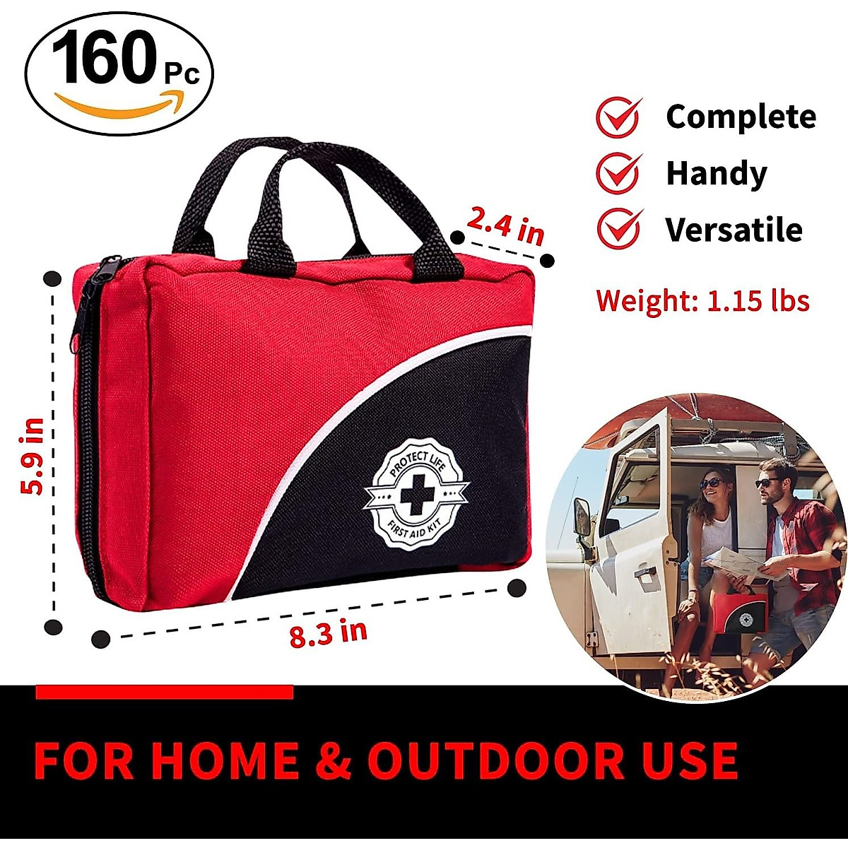 Protect Life First Aid Kit for Home/Business, HSA/FSA Eligible Emergency Kit Travel First Aid Kit Mini | Camping First Aid Kit Hiking | Small First Aid Kit for Car | Survival Medical Kit - 160pcs