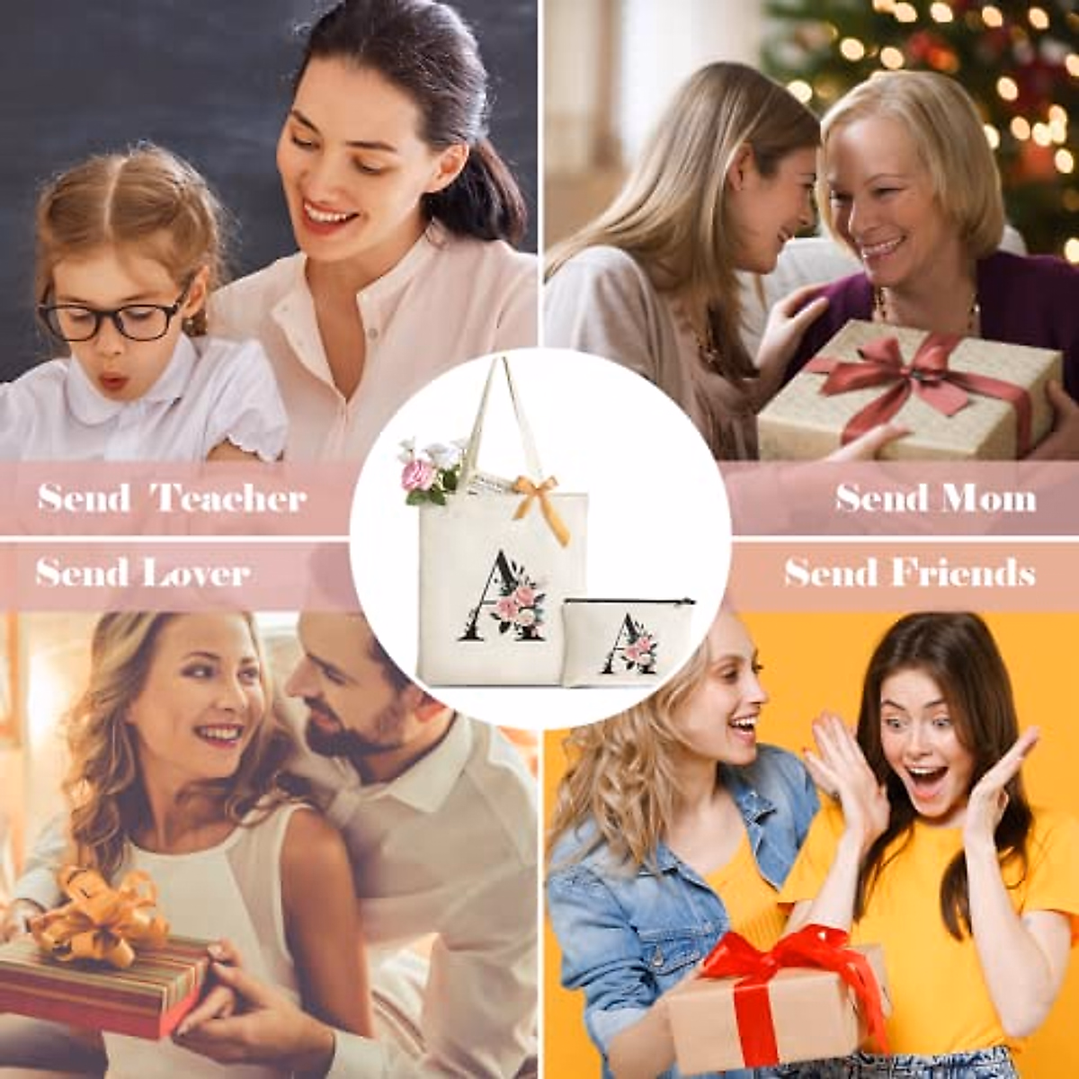 AUNOOL Initial Floral Canvas Tote Bag with 2 Inner Pockets, Personalized Wedding Gift Bag for Women Teacher Bridesmaid Flower, Reusable Shopping Bag for Groceries, Cosmetic Makeup Bag Letter A