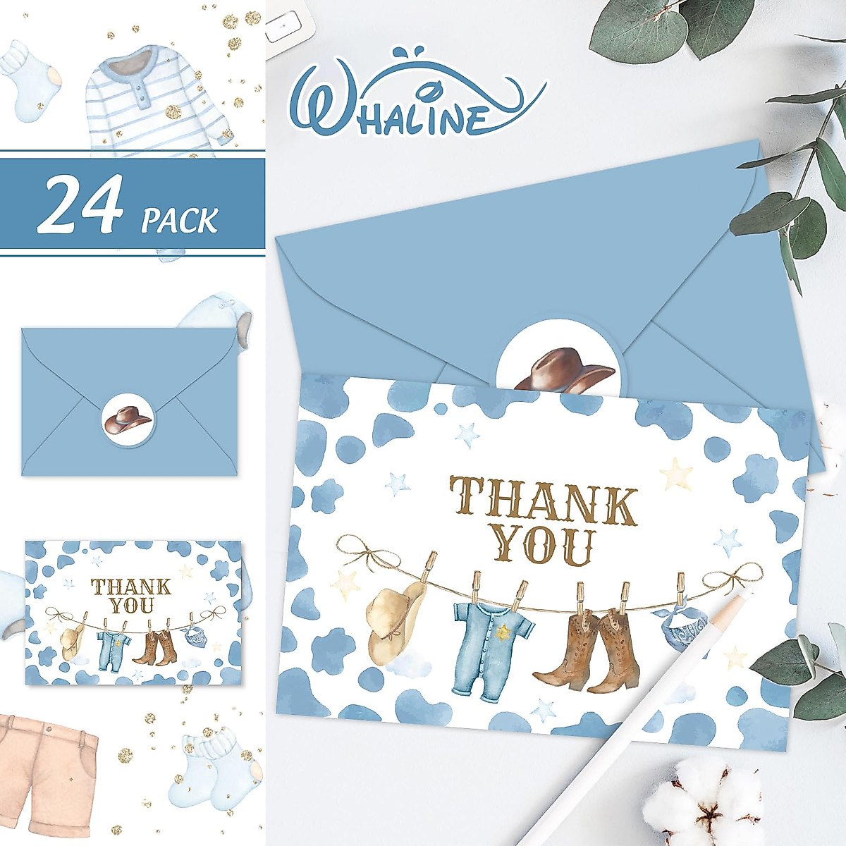 Whaline 24 Pack Cowboy Thank You Card Blue Cow Print Greeting Card with Envelope Sticker Cow Spot Blank Note Card for Baby Shower Party Invitation Supplies, 4 x 6 Inch