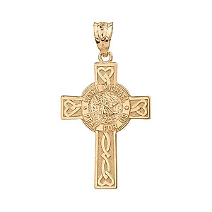 Solid 14k Yellow Gold Saint Michael Pray For Us Words Celtic Cross Pendant, 1.30"