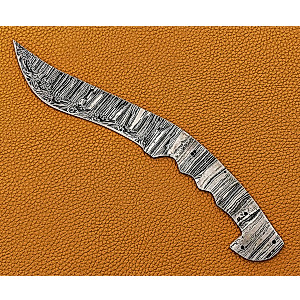 11 inches Long Dao Blade Hunting Knife, Hand Forged Ladder Pattern Damascus Steel Blade, 5" Finger Serration Scale Space with 4 Pin Hole, 6" Trailing Point Dao Blade with 5.5" Cutting Edge