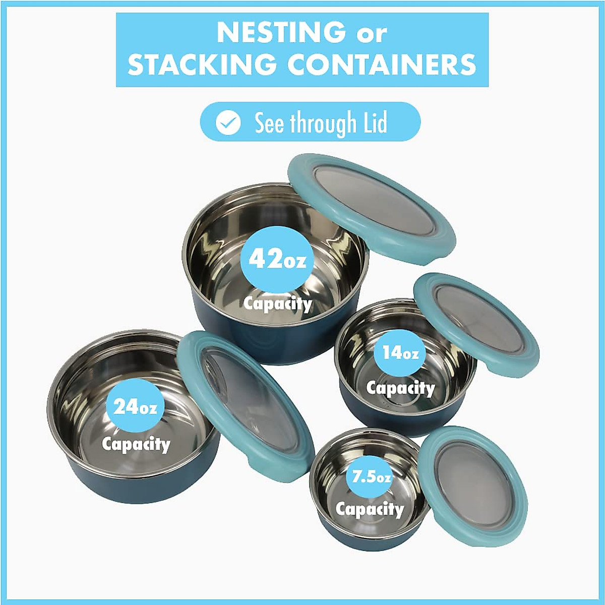 MIRA Stainless Steel Food Storage Set - 4 Anti-Slip Containers for Meal Prep - Multi-Size Pack (1, 2, 3, 5 Cups), Slate Blue