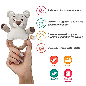 Donty-Tonty Premium Wood Baby Teether Rattle Toy Easter Gift Animals Soft Plush Shaker Toy with Natural Wooden Teething Ring Perfect Toddler, Newborn Boy, Girl Gifts for 0 3 6 9 12 Months - Grey Bear
