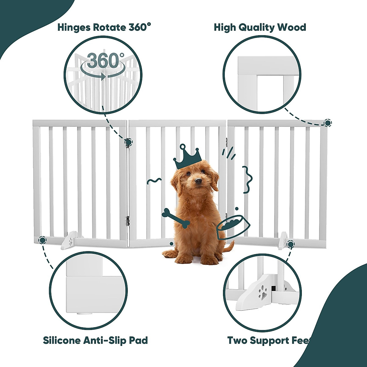 Semiocthome Wooden Dog Gates for The House 24"H Expandable Doggy Gates for Doorways 55"W Free Standing Pet Gate with 2 Support Feet for Stairs 3 Panels Dog Barriers for Home No Installation Resquired