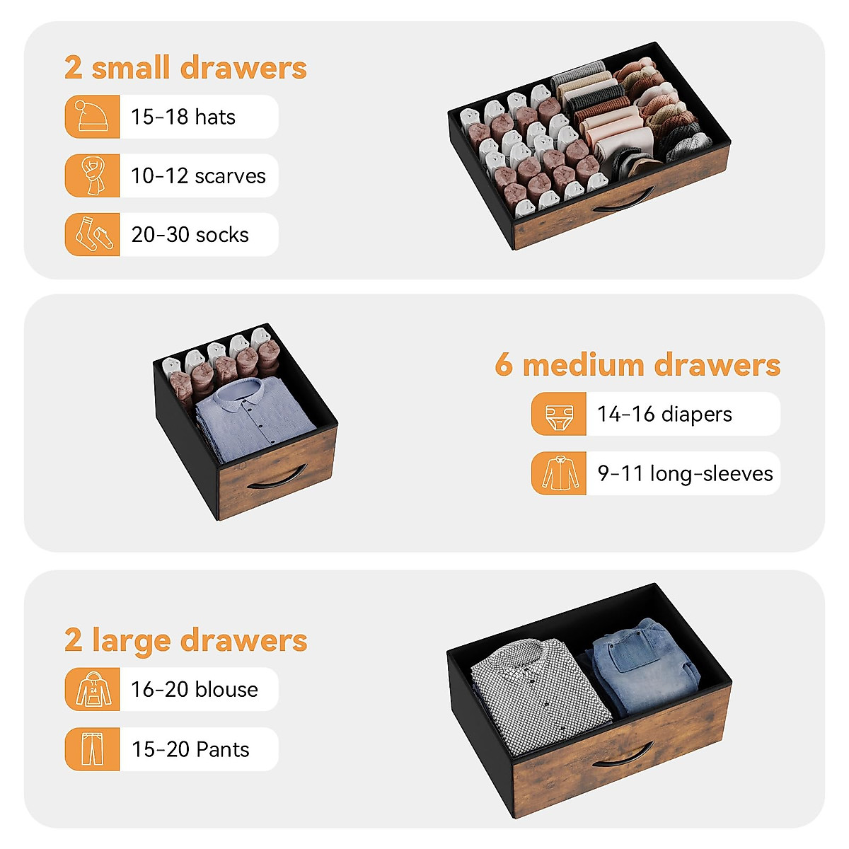 Jojoka Wide Dresser with 10 Large Drawers for 55'' Long TV Stand with Power Outlet Entertainment Center, Storage Fabric Drawer Unit for Bedroom, Closet, Entryway, Sturdy Metal Frame, Rustic Brown