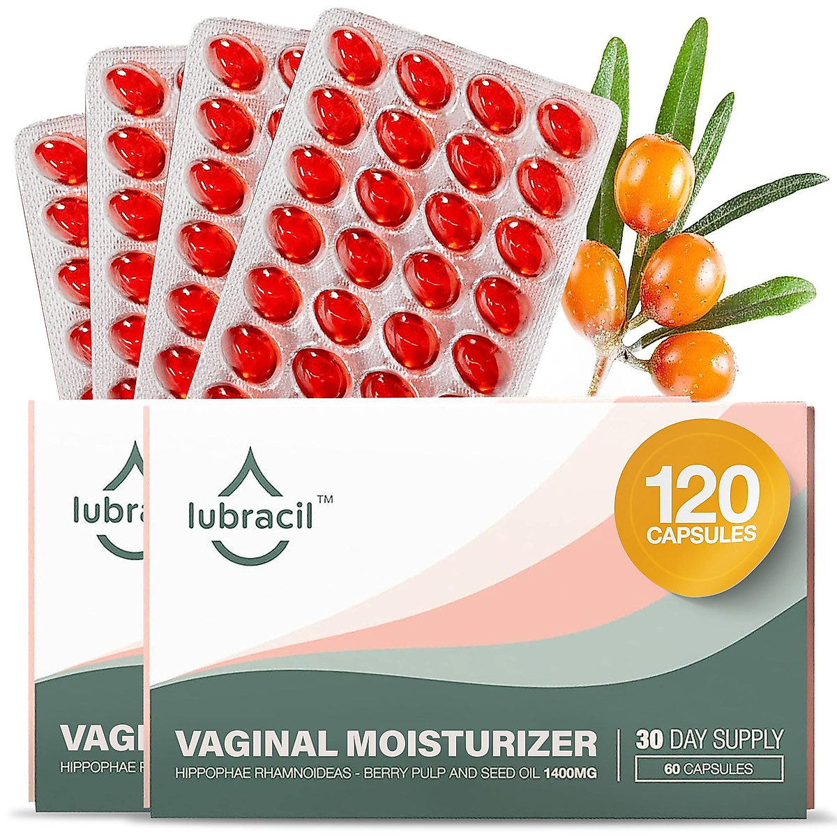Lubracil Daily Vaginal Moisturizer for Feminine Care - Helping with Vaginal Atrophy, Dryness and Itchiness with Sea Buckthorn Oil, Omegas 6, 7, & 9, Vitamins A & E, 60 Wet Pills 2 Pack