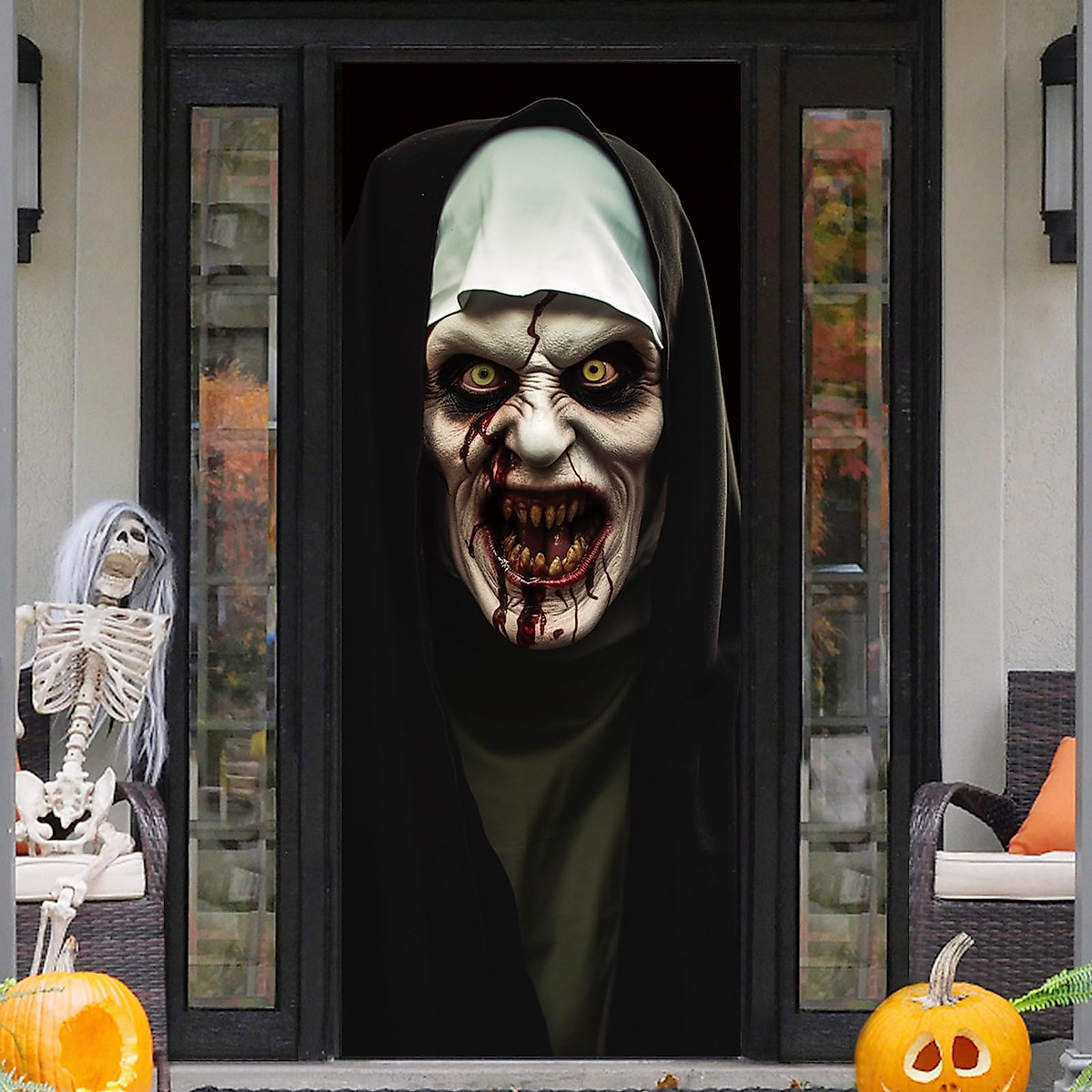 ANPHSIN Halloween 3D Nun Door Stickers, 30 x 80 in Bloody Nun Lifelike Door Wallpaper Sticker for Halloween Decoration, Party Decors