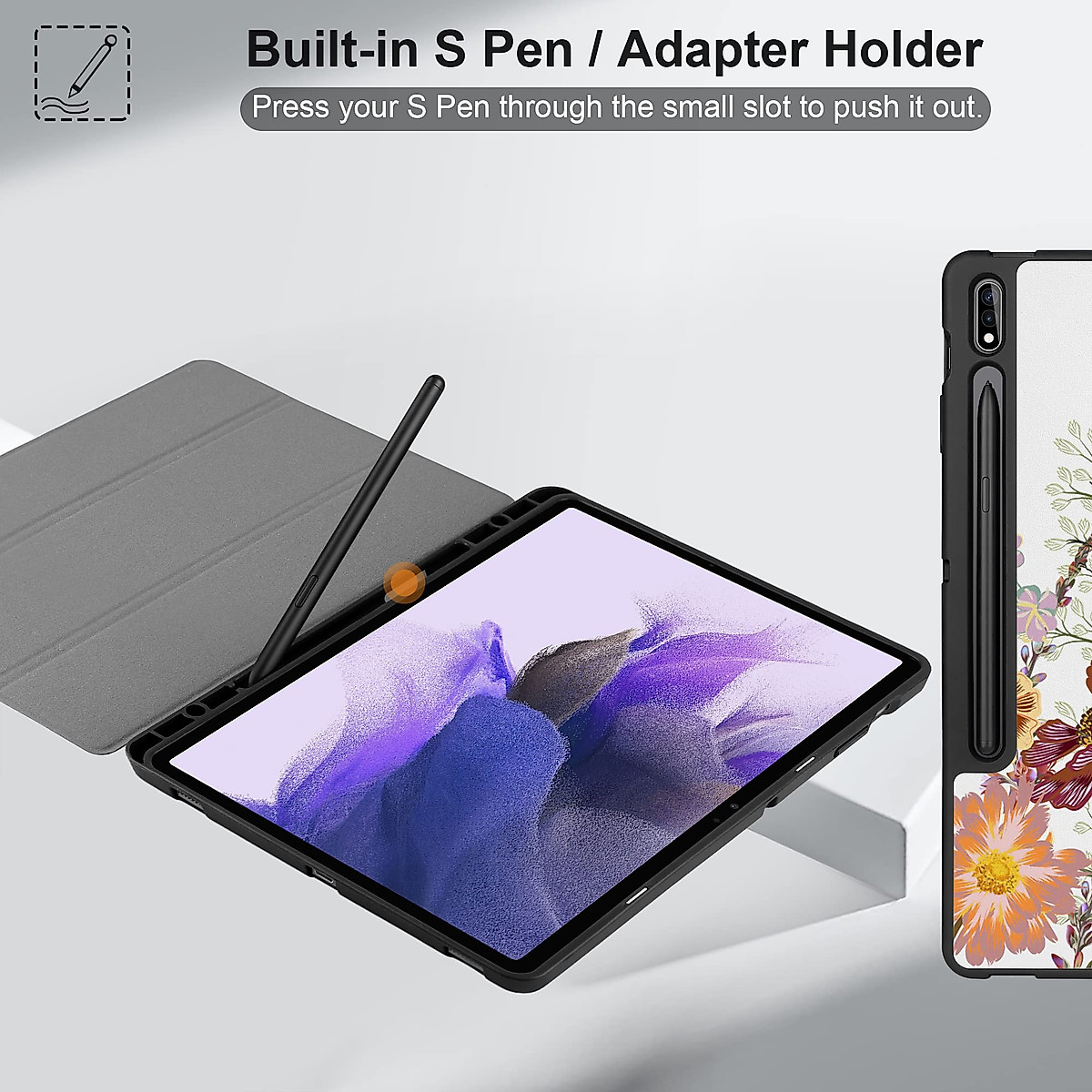 DONGKE Case for Samsung Galaxy Tab S8 Plus 2022 / S7 FE 2021 / S7 Plus 2020 12.4 Inch with S Pen Holder [SM-X800/X806/X808], Ultra Thin Lightweight Trifold Stand + Auto Wake/Sleep, Floral