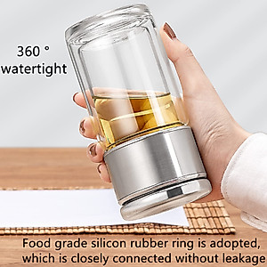 LeYin double wall glass water bottle, travel cup with filter screen, tea and water separation cup for fruit loose leaf tea and cold brewing coffee (silver)