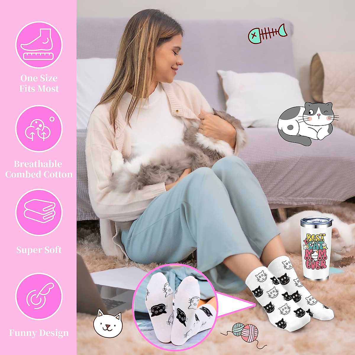 SIXVALA Cat Lover Gifts for Women, Best Cat Mom Gift Box With 20 Oz Tumbler, Makeup Bag, Scented Candle, Bracelets, Keychain, Cat Themed Gifts for Friend, Daughter, Mother, Sister, Wife