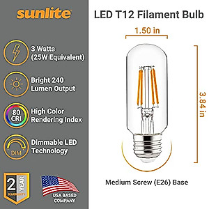 Sunlite 40263 LED Filament T12 Tubular Light Bulb, 3 Watts (25W Equivalent), 240 Lumens, UL Listed, 104 mm, Medium E26 Base, Dimmable, 2200K Amber, 6 Count