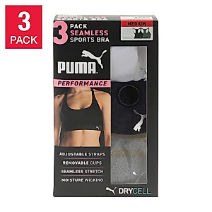 PUMA Women Sports Bra, 3-Pack (Black/White/Grey, Medium)
