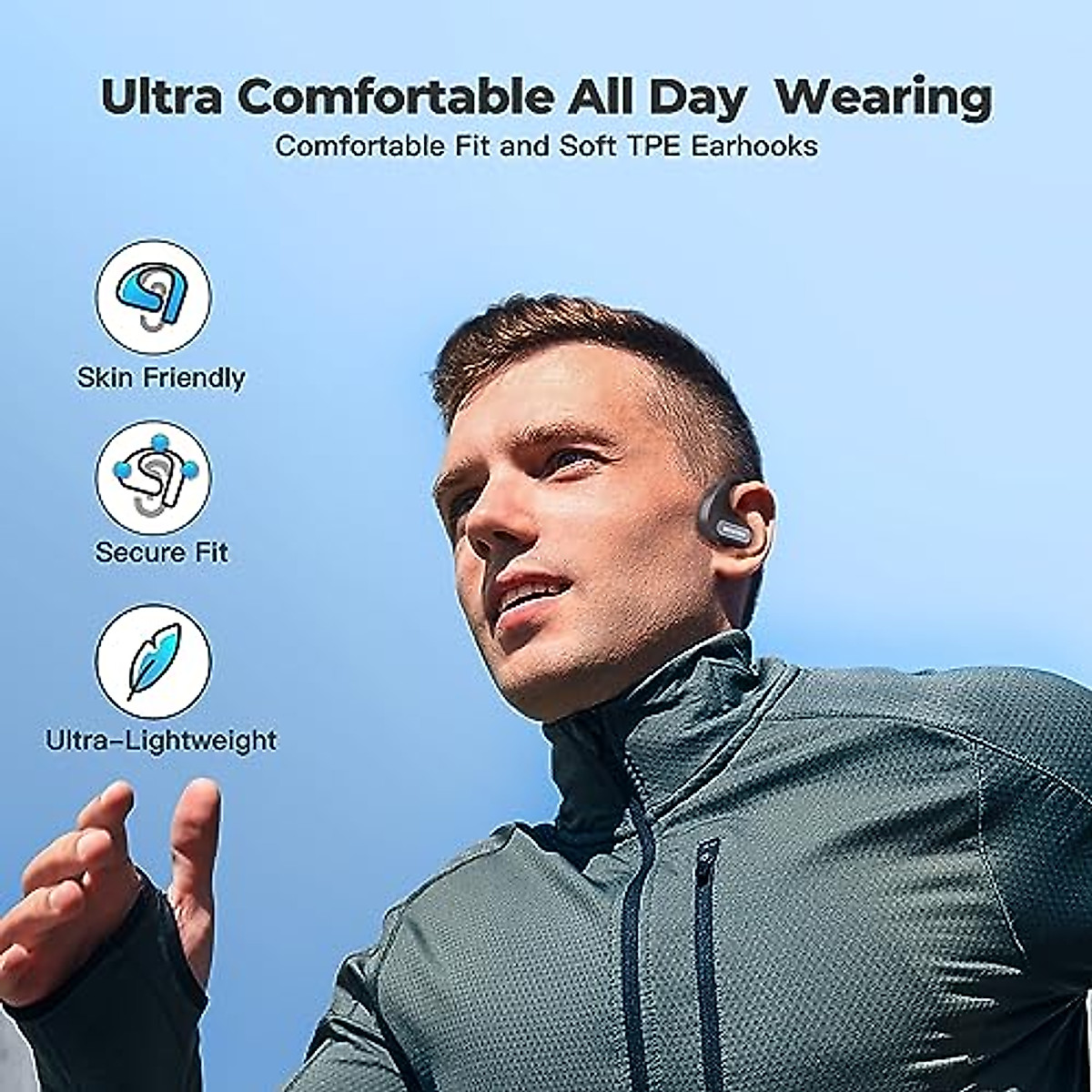 BlitzMax Open Ear Headphones Wireless Bluetooth 5.3 with 4 mic, Open Ear Earbuds with Dual 16.2mm Dynamic Drivers, 61H Playtime, Deep Bass Headhones for iPhone, Sports, Running, Walking, Workout