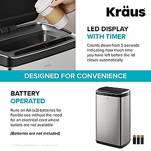 Kraus GarbagePro Rectangular 13 Gallon Hands-Free Motion Sensor Trash Can Battery Operated in Fingerprint Resistant Stainless Steel Finish with SoftShut Touchless Lid, KTCS-10SS