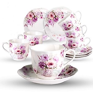 GuangYang China Tea Cups and Saucers Set of 6-7ounce/200ml - Tea Gift Sets for Adults - Purple Floral Porcelain TeaCup with Saucer for Tea Party(Total 12 Pieces)