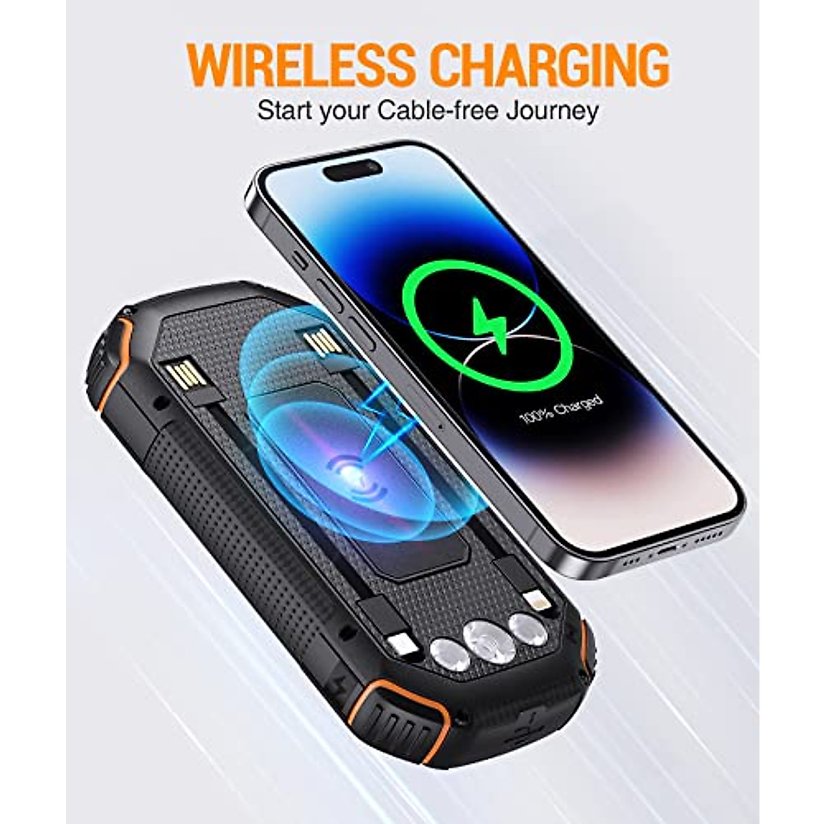 Solar Power Bank 36000mAh,Solar Charger Wireless Built in 3 Cables IPX5 Waterproof Portable Solar External Battery Pack with 3 Input 4 Output 15W USB C Port Camping Flashlight iPhone Samsung Tablet