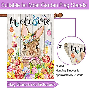 Easter Flag, Easter Flags for Outdoors 28 x 40 Double Sided, Burlap Welcome Easter House Flag with Bunny Eggs Tulips Flowers Spring Farmhouse Signs Banners for Outside Lawn Garden Décor