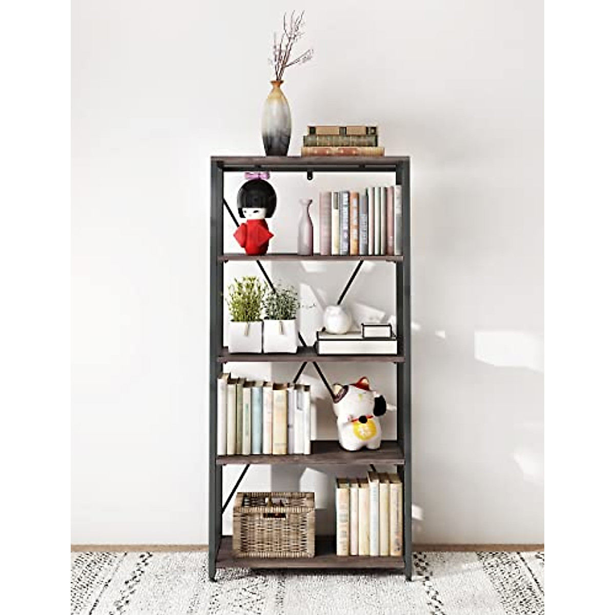 Bookshelf,5-Tier Folding Bookcase,Industrial Book Shelf,Rustic Wood Storage Shelves,Tall Bookshelf,Shelves For Bedroom,Office,Kitchen,Living Room,Study Room,No Assembly Folding Bookshelf,Black