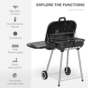 Outsunny 38'' Steel Charocal Grill with Portable Wheel, Side Tray and Lower Shelf for Outdoor BBQ for Garden, Backyard, Poolside