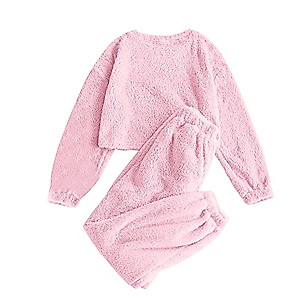 ZAFUL Women's Fuzzy Lounge Casual Pajamas Sets Long Sleeve Fleece Pullover and Pants Set 2 Piece Fluffy Loungewear Sleepwear Pink