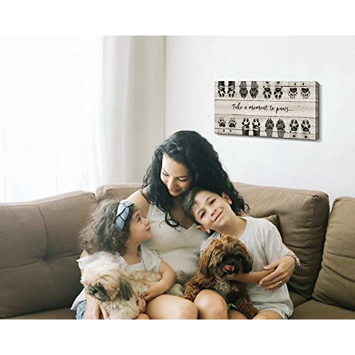 ARTINME Dog Lover Sign Wall Decor ,Take A Moment To Paws sign Pet Paw Print Artwork Footprints Canvas Wall Art ,Framed Animal prints Puppy Gifts for Front Door home decoration (Black)