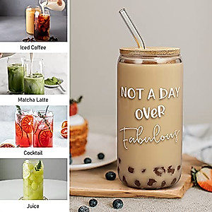 Birthday Gifts for Women - Not A Day Over Fabulous - Funny Gift for Best Friend Sister Wife Coworker Girlfriend Teacher Female - Mothers Day Gift for Mom - Glass Coffee Cups with Lids and Straws 16 Oz